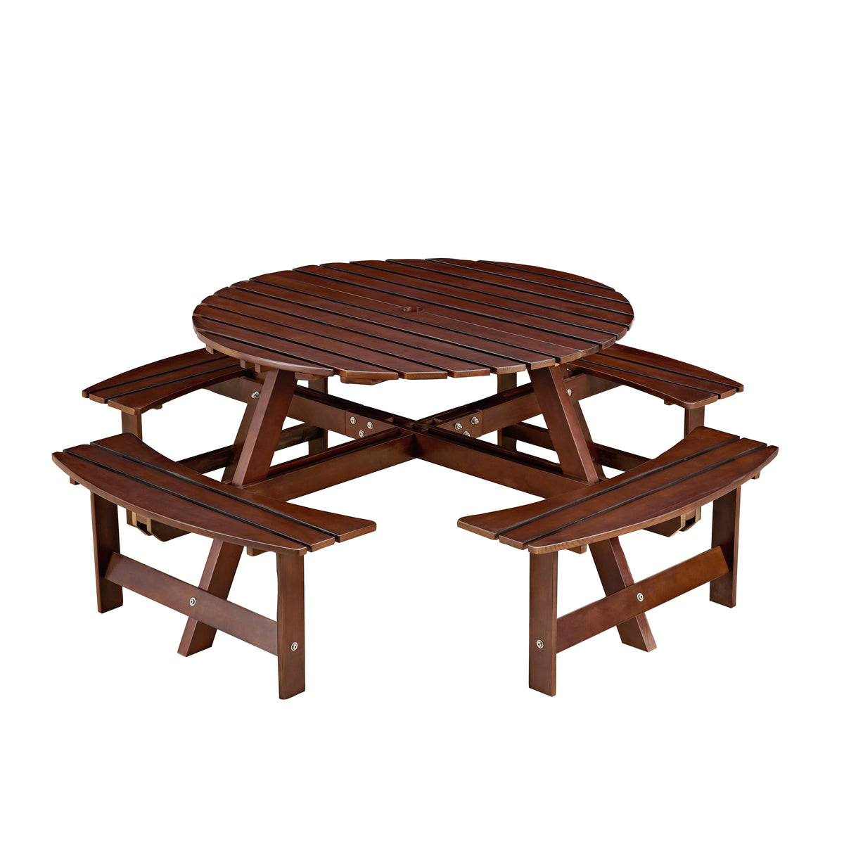 8 person Outdoor Round Picnic Table with 4 Built-in Benches Umbrella H ...