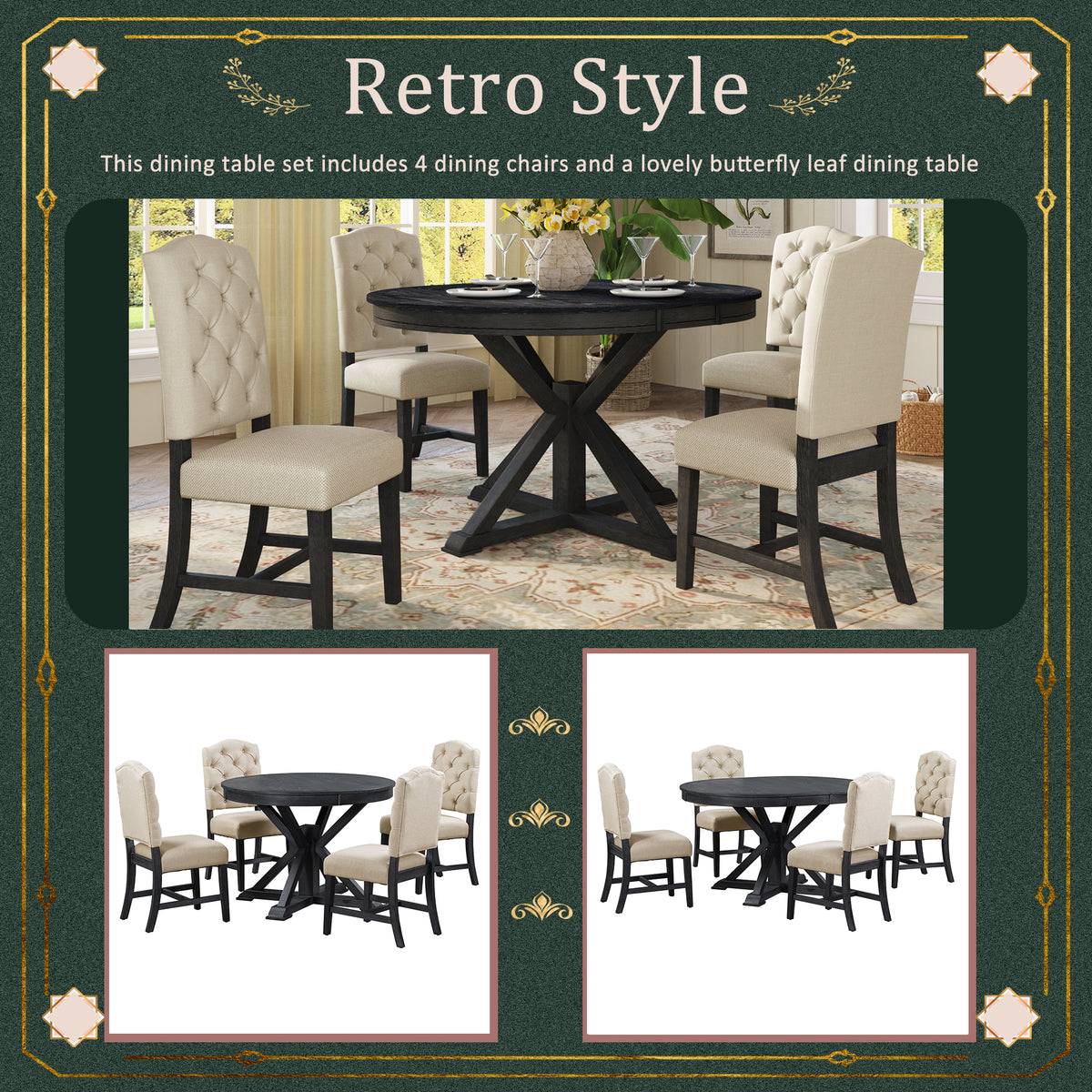 Retro Style Dining Table Set with Extendable Table and 4 Upholstered C ...