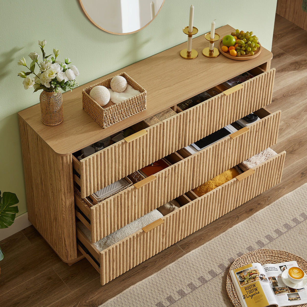 55'' Wide Modern Curved wave Design 6 Drawers Dresser – Mossmuse